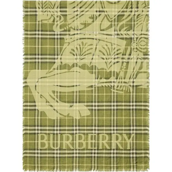Burberry Wide Ekd Check Wool Silk Scarf - Pea Green