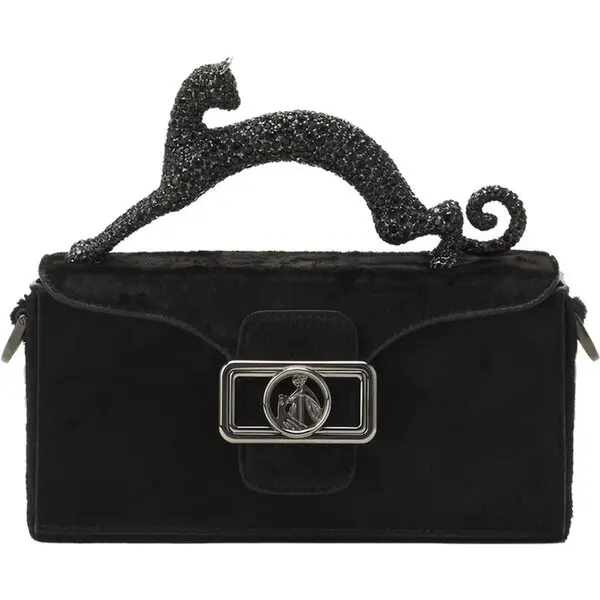 LANVIN Pencil Cat Nano Leather Bag With Rhinestone Handle - Black