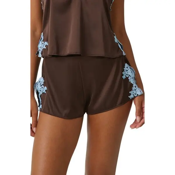 KAT THE LABEL Lace Trim Satin Tap Shorts - Espresso
