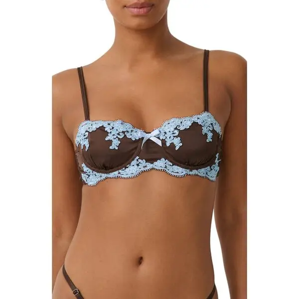 KAT THE LABEL Lace Trim Underwire Strapless Satin Bra - Espresso