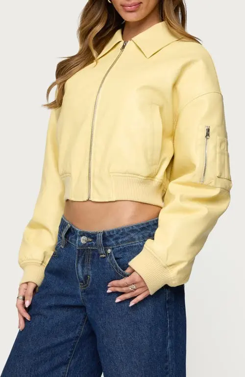 EDIKTED Faux Leather Cropped Bomber Jacket