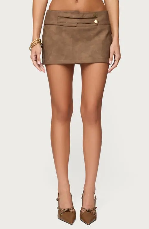 EDIKTED Faux Leather Mini Skirt With Double Strap Waist Detail - Brown