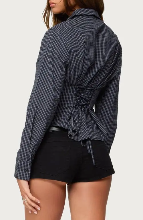 EDIKTED Check Button-up Lace-up Shirt
