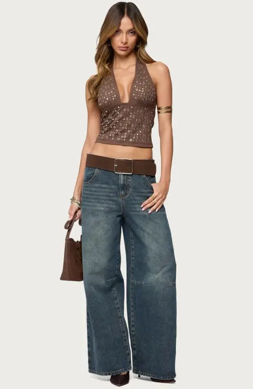 EDIKTED Santi Low Rise Wide Leg Jeans - Dark-blue