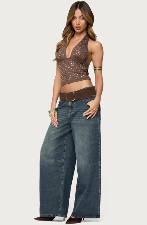 EDIKTED Santi Low Rise Wide Leg Jeans - Dark-blue