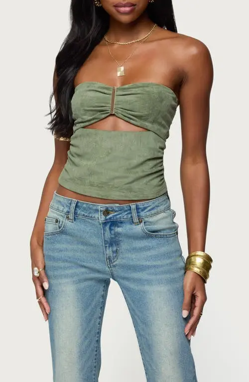 EDIKTED Cutout Faux Suede Strapless Top - Olive