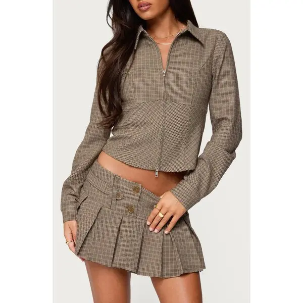 EDIKTED Houndstooth Plaid Crop Jacket