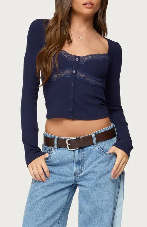 EDIKTED Lace Trim Button-up Shirt - Navy