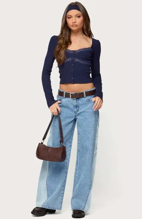 EDIKTED Lace Trim Button-up Shirt