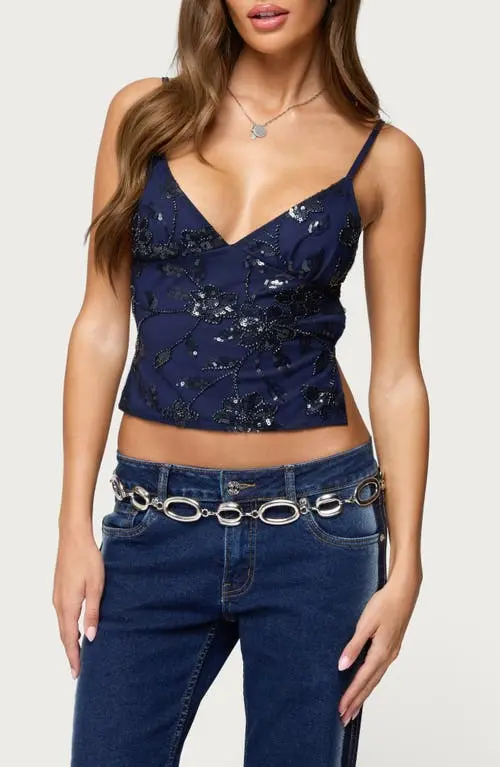 EDIKTED Sequin Flower Open Back Camisole - Navy