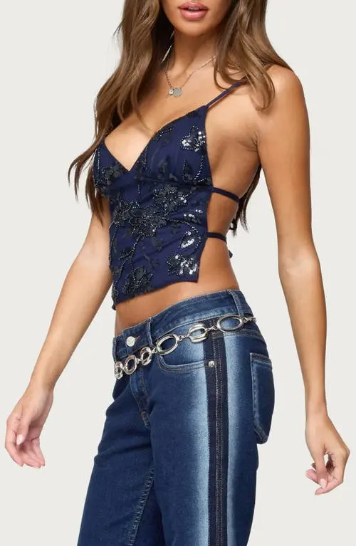 EDIKTED Sequin Flower Open Back Camisole - Navy