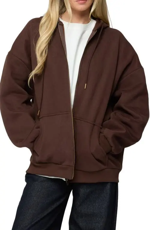 EDIKTED Oversized Zip Fleece Hoodie - Brown