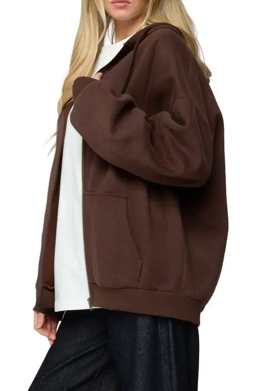 EDIKTED Oversized Zip Fleece Hoodie - Brown