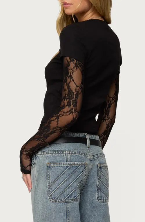 EDIKTED Layered Lace Sleeve T-shirt - Black