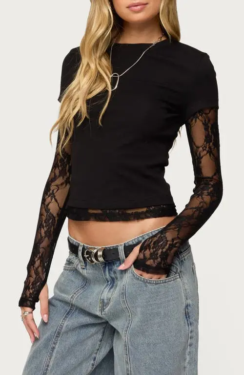 EDIKTED Layered Lace Sleeve T-shirt - Black