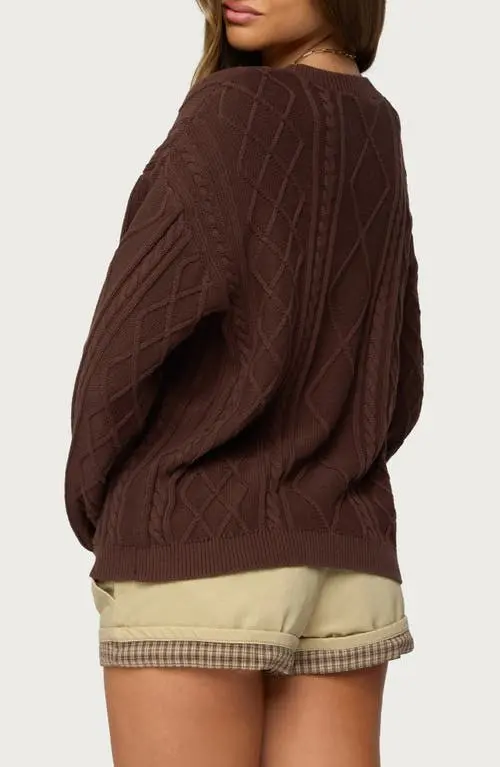 EDIKTED Oversized Cable Stitch Cotton Sweater - Brown