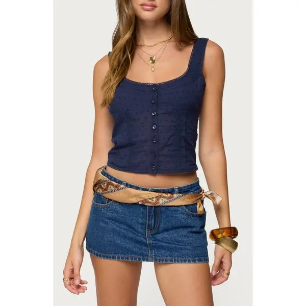 EDIKTED Embroidered Button Crop Tank
