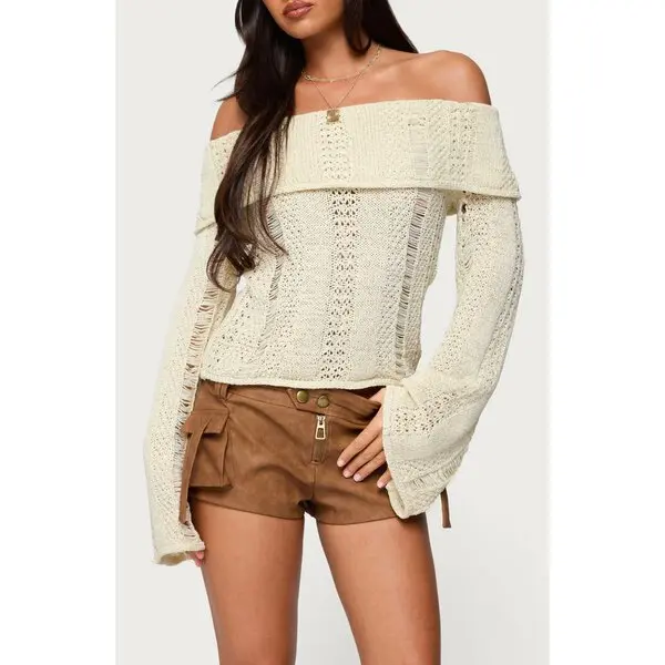 EDIKTED Distressed Foldover Off-the-shoulder Sweater