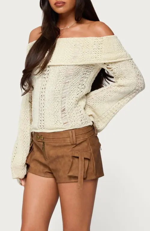 EDIKTED Distressed Foldover Off-the-shoulder Sweater