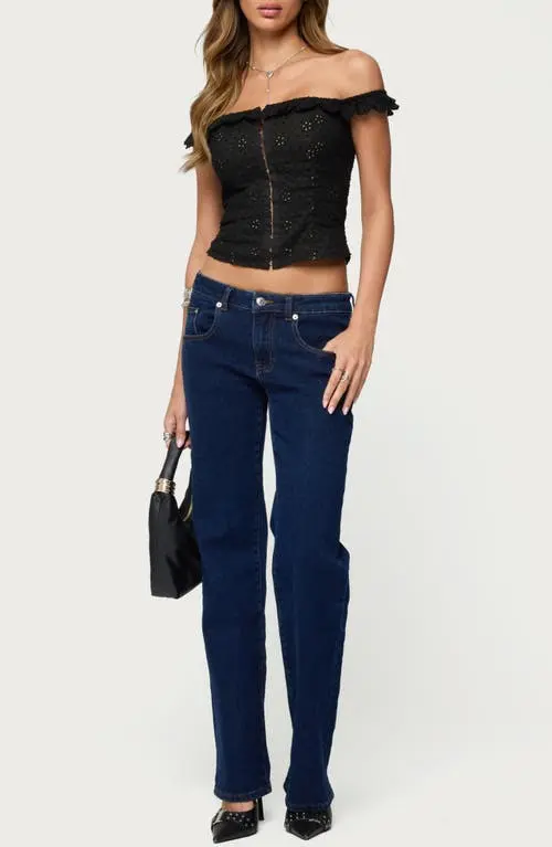 EDIKTED Jordana Ruffle Eyelet Crop Top - Black