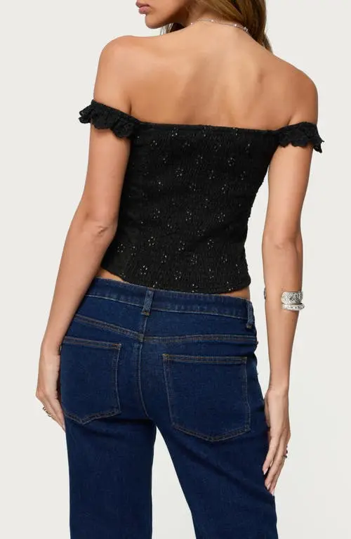 EDIKTED Jordana Ruffle Eyelet Crop Top - Black