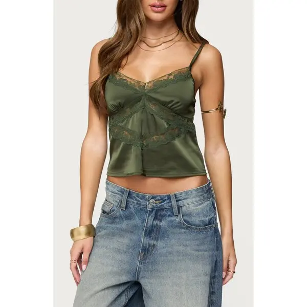 EDIKTED Tamar Lace Trim Satin Camisole - Olive