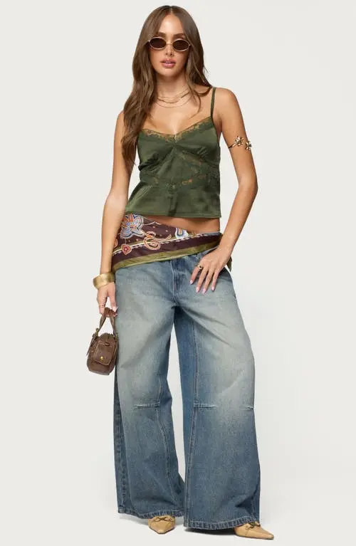 EDIKTED Tamar Lace Trim Satin Camisole - Olive