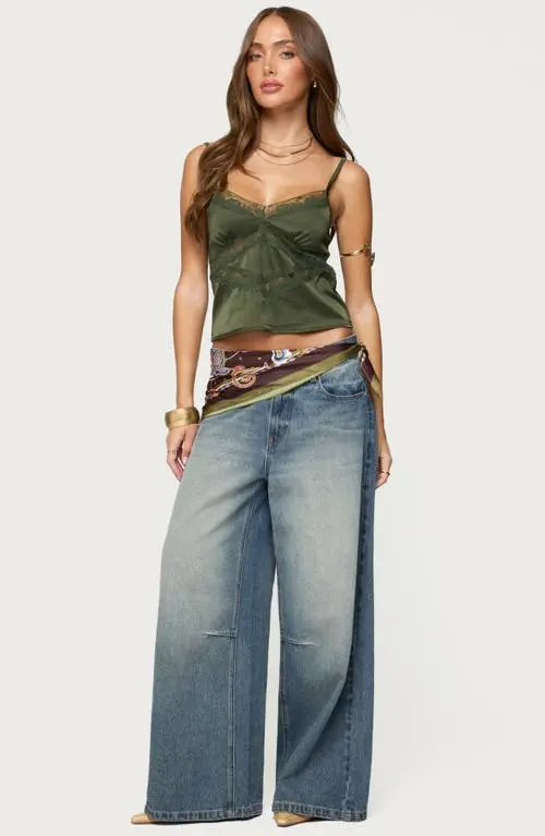 EDIKTED Tamar Lace Trim Satin Camisole - Olive
