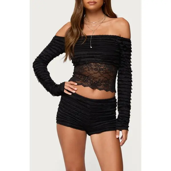 EDIKTED Ruffle Lace Off-the-shoulder Top