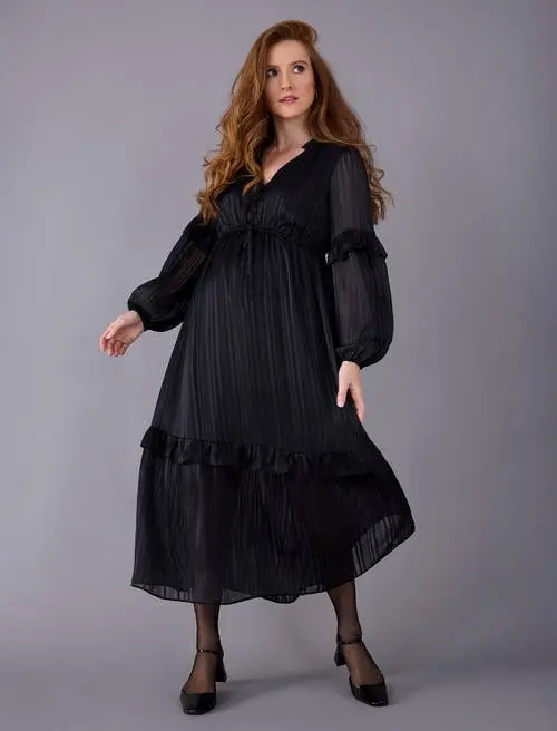 Motherhood Maternity V-neck Long Sleeve Tiered Maxi Dress - Black