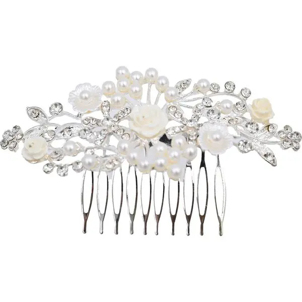 TULLEEN Rhinestone, Pearl, And Floral Hair Comb - Silver