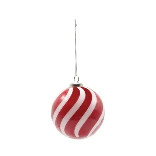 STORIED HOME Round Hand-blown Glass Ball Ornament With Swirled Stripes - Red