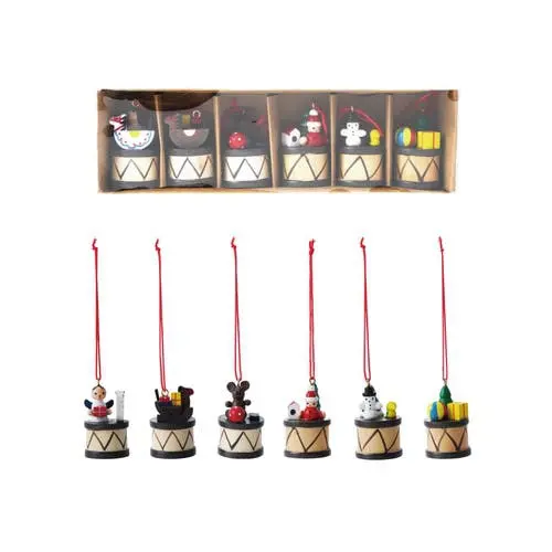 STORIED HOME 6-piece Wood Holiday Drum Ornaments - Tan