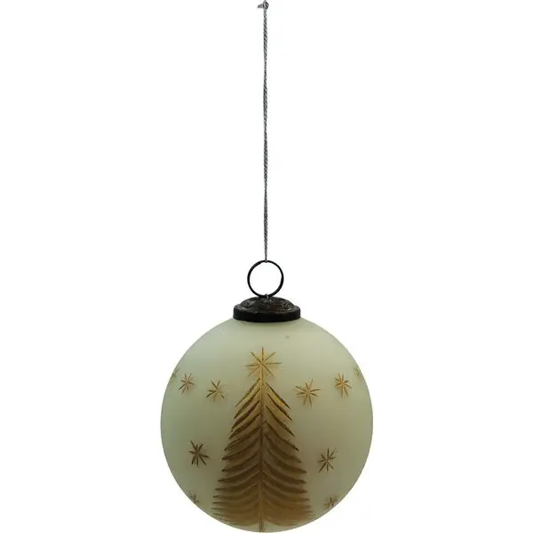 STORIED HOME Round Hand-painted Glass Ball Ornament With Etched Trees And Stars - Ivory