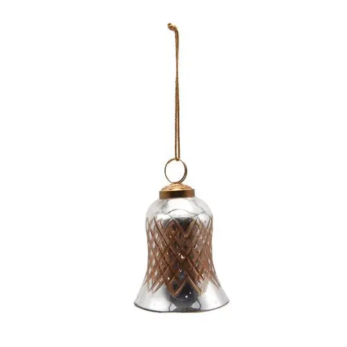 STORIED HOME Hand-painted Cut Mercury Glass Bell Ornament With Diamond Pattern - Silver