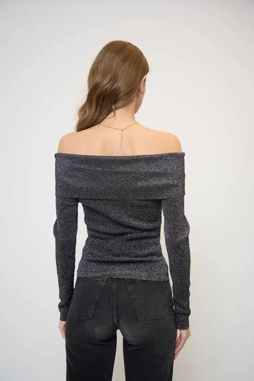 Central Park West Colette Ribbed Lurex Off The Shoulder Sweater