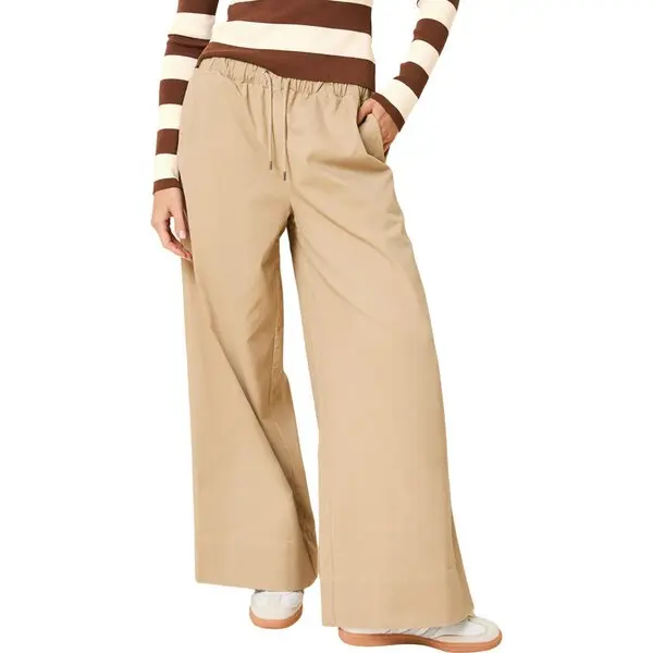 Solid & Striped Stretch Cotton Drawstring Wide Leg Pants - Camel
