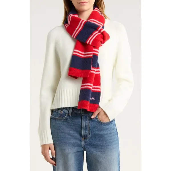 DAMSON MADDER Bibi Stripe Skinny Wool Scarf - Red Multi