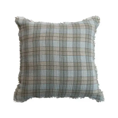 STORIED HOME Rustic Woven Cotton Double Cloth Pillow With Chambray Back And Frayed Edges - Green