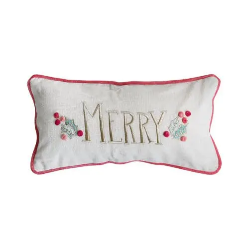 STORIED HOME Slub Lumbar Pillow With Hand-embroidery, Pom Poms, Piping And Velvet Back "merry - White
