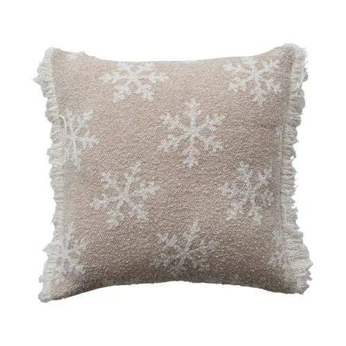 STORIED HOME Square Woven Fabric Jacquard Two-sided Pillow With Snowflake Pattern And Fringe - Beige