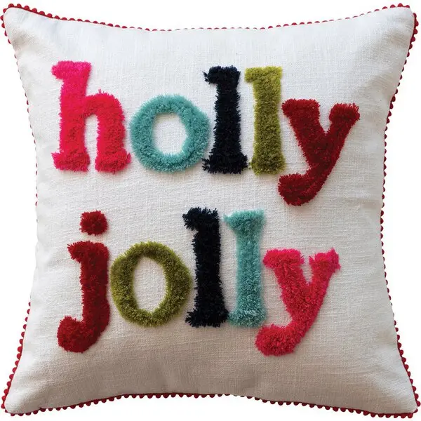 STORIED HOME Square Cotton Slub Pillow With Tufting And Pom Pom Trim "holly Jolly - White