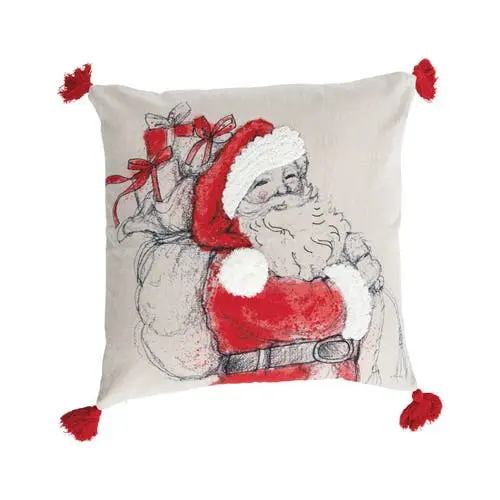STORIED HOME Square Cotton Chambray Printed Pillow With Embroidered Santa Image, Tufting, Pom Poms And Tassels - White