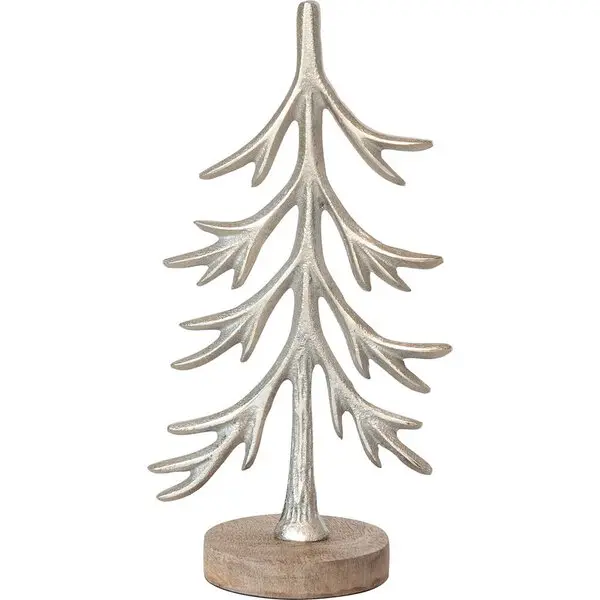 STORIED HOME Cast Aluminum Tree With Mango Wood Base - Silver