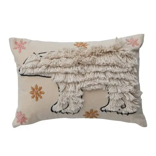 STORIED HOME Velvet Lumbar Pillow With Embroidered Fringe Polar Bear And Snowflakes - White