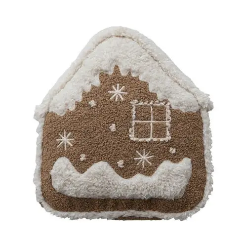 STORIED HOME Woven Fabric Bouclé Gingerbread House Shaped Pillow With Embroidery - Brown