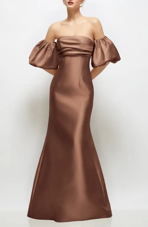 Alfred Sung Off-the-shoulder Puff Sleeve Satin Gown - Cognac