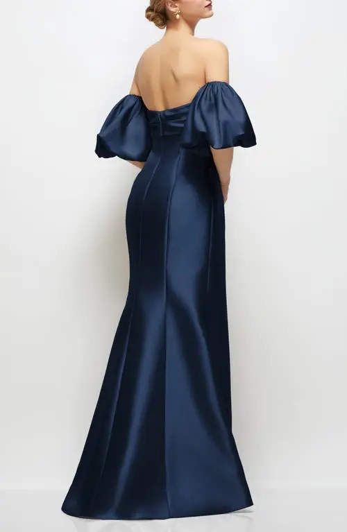 Alfred Sung Off-the-shoulder Puff Sleeve Satin Gown - Midnight