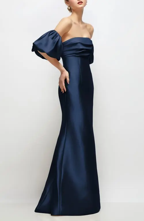 Alfred Sung Off-the-shoulder Puff Sleeve Satin Gown - Midnight