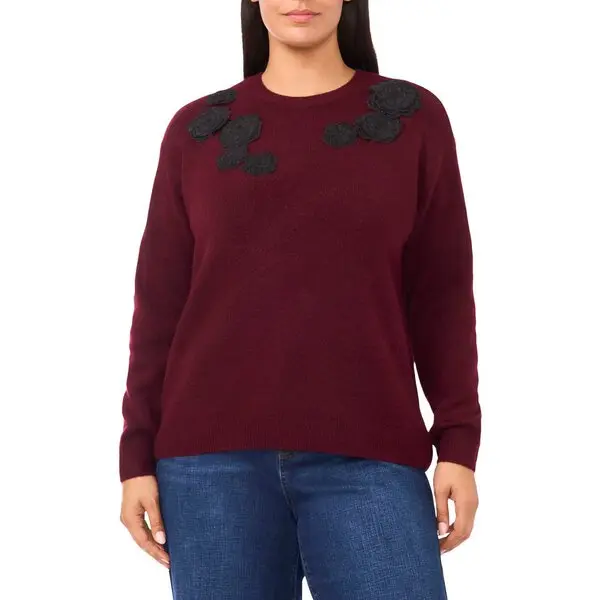 CECE DUPRAZ Floral Appliqué Crewneck Sweater - Wine